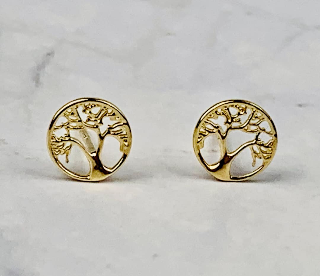 14K Solid Gold Tree of Life Stud Earrings - Etsy