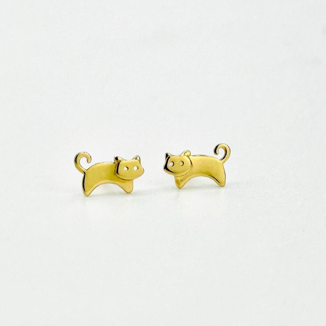 14K Solid Gold Tiny Delicate Cat Stud Earrings / Kitty Studs - Single ...