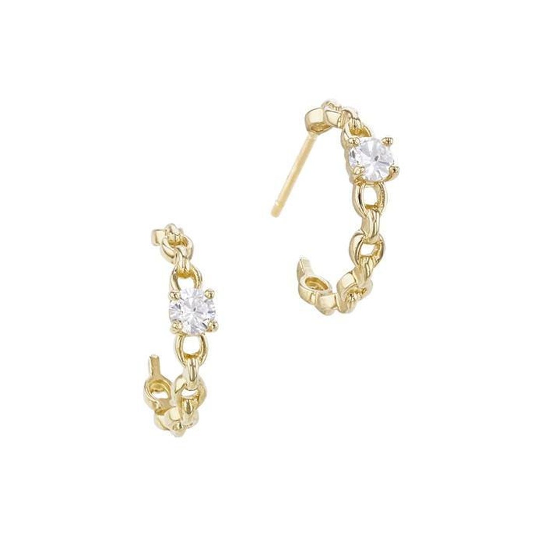 14K Yellow Gold Chain Link Hoop Earrings With Cubic Zirconia - Etsy