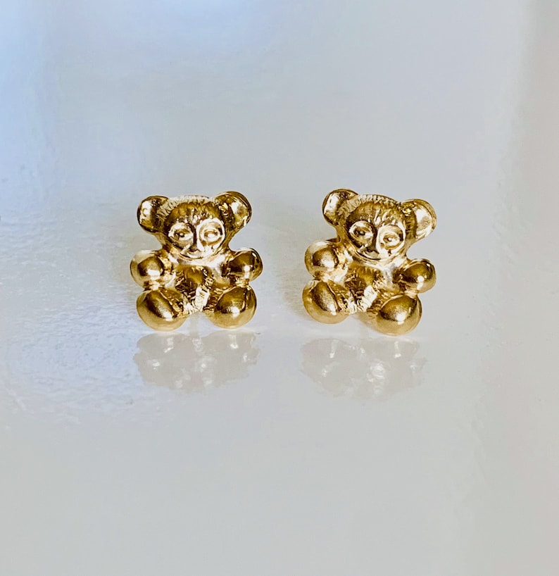 14K Solid Gold Puffy Teddy Bear Post Earrings / Stud Earrings - Etsy