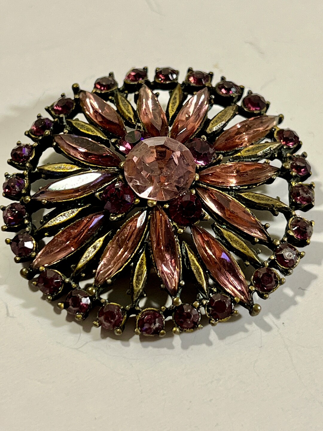 Vintage Deep Pink Round Rhinestone Brooch / Brass Tone With Large ...