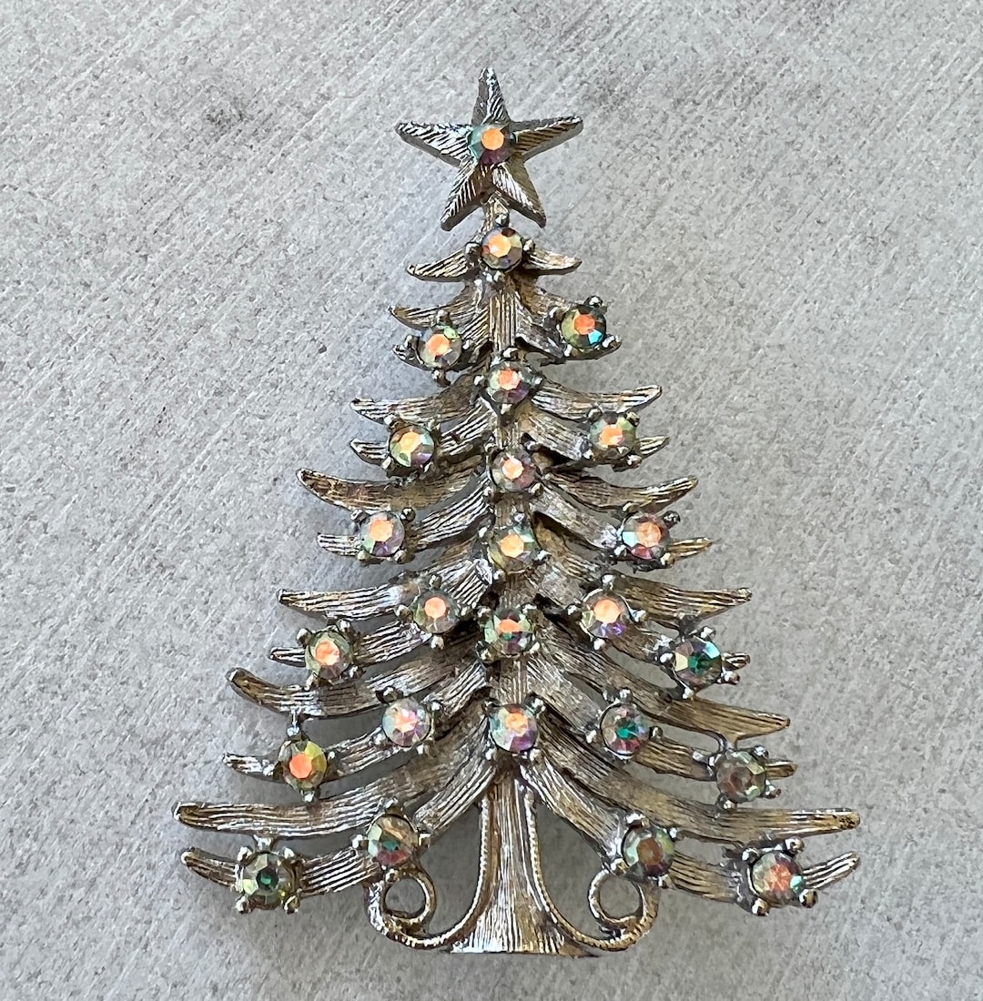 Vintage MYLU Christmas Tree Brooch / Pin / Silvertone Featuring AB ...