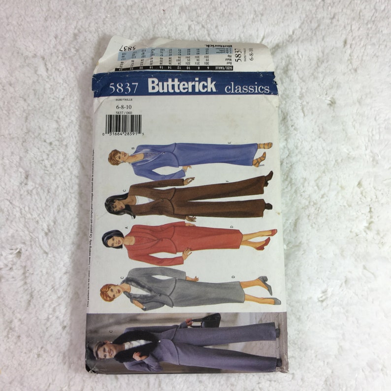 Butterick 5837 Sewing Pattern Misses' Jacket, Skirt and Pants Size 6-10 ...