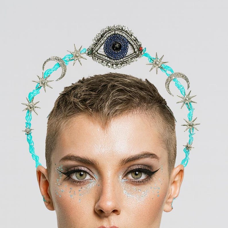 Hand Beaded Crying Evil Eye Light-up Crown Star and Moon Halo Sparkle ...