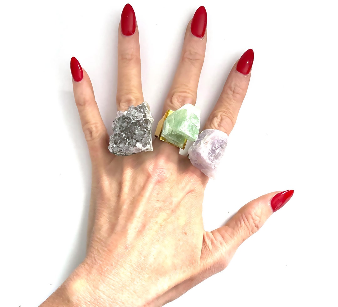 Crystal Statement Rings - Citrine, Quartz Crystal Point, Green Calcite ...
