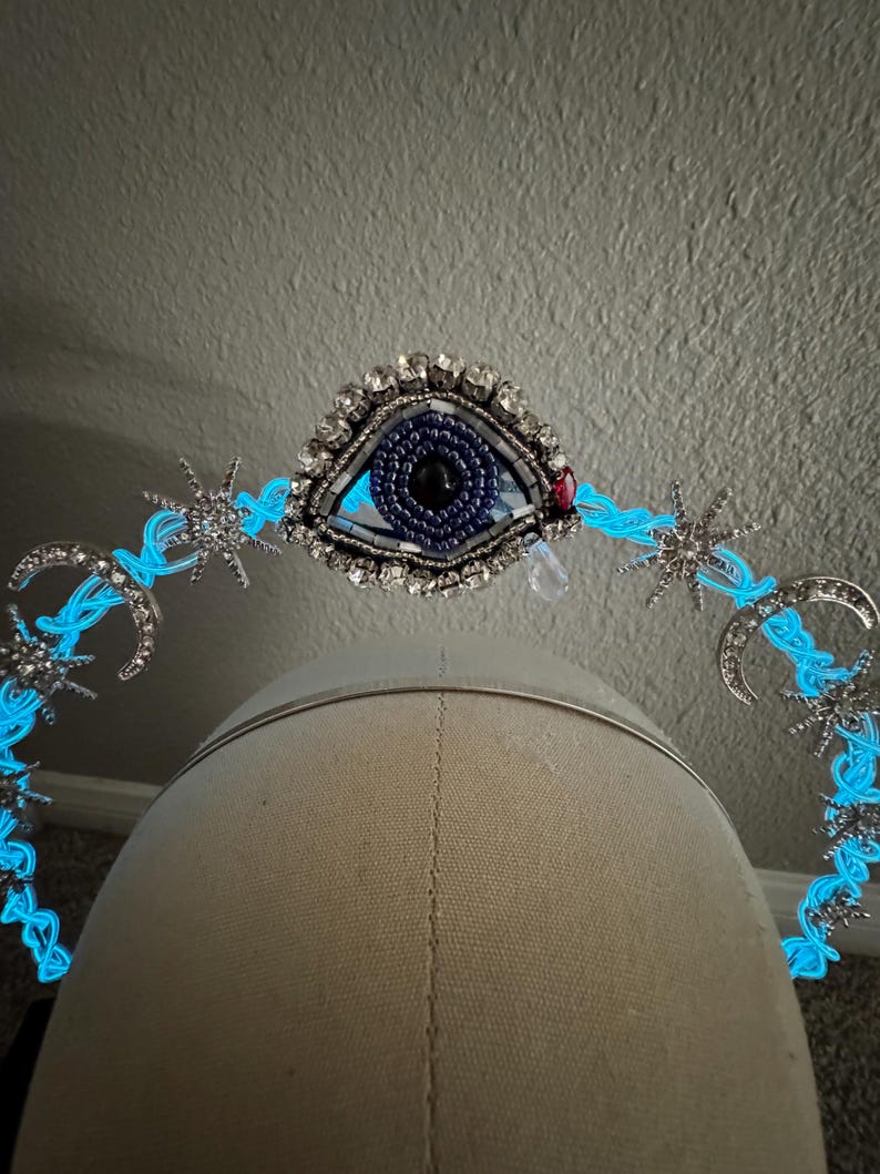Hand Beaded Crying Evil Eye Light-up Crown Star and Moon Halo Sparkle ...