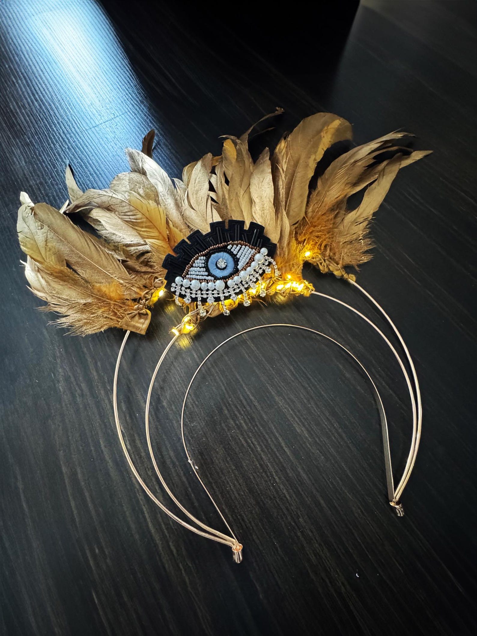 Gold Feather LED Crown With Evil Eye – Light up Festival Headpiece ...