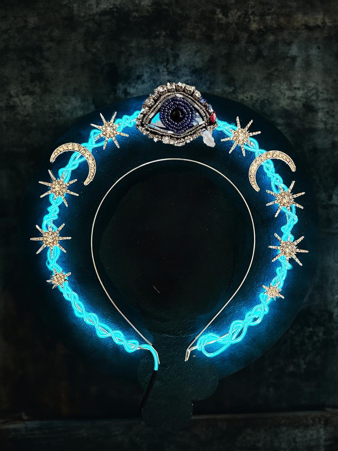 Hand Beaded Crying Evil Eye Light-up Crown Star and Moon Halo Sparkle ...