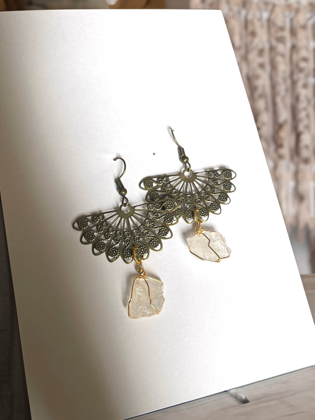 Bronze Filagree Fan and Genuine Joshua Tree Quartz Keepsake Earrings - Etsy