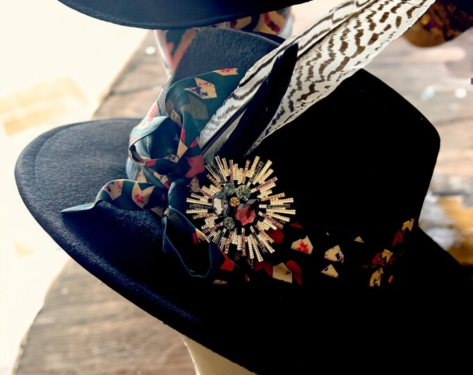 Custom Fedora Hat | Ribbon, Gemstone Pin , Feathers - Custom Made Wide ...