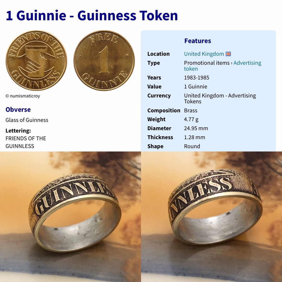 Guinness Free Beer 1 Guinnie Token Coin Ring Size 6.5 - Etsy