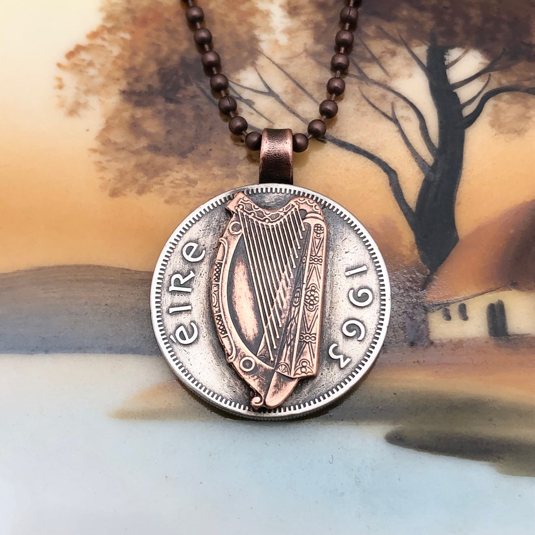 1963 Ireland Florin Salmon Coin and Copper Harp Pendant Necklace - Etsy