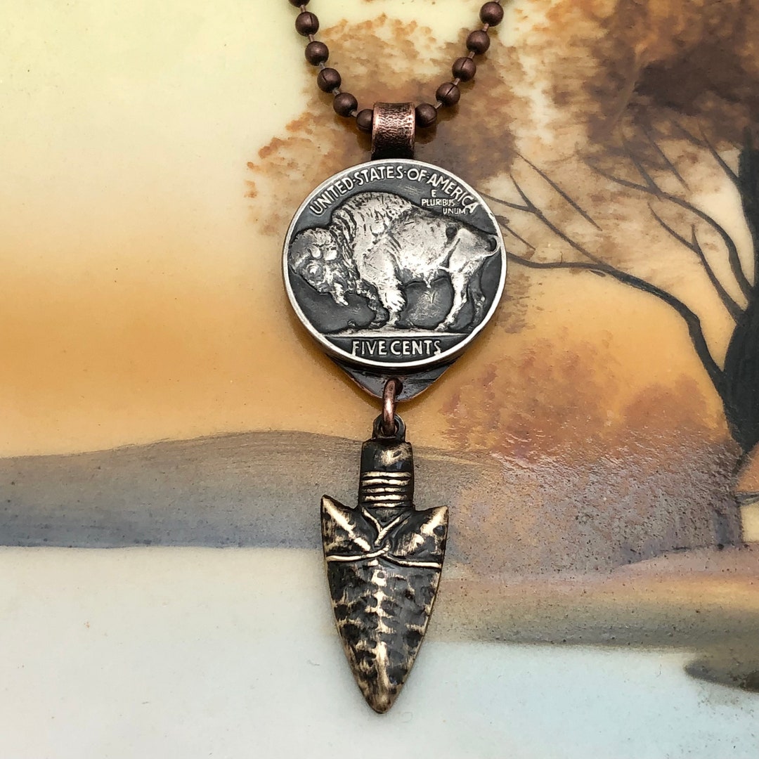 Buffalo Nickel Coin & Arrowhead Pendant Necklace Indian Motorcycle ...