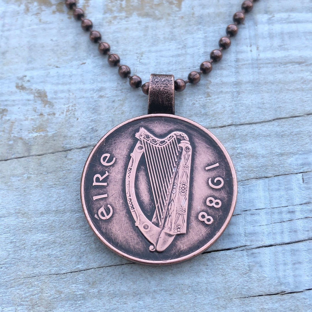 1988 Ireland Two Pence Coin Stylized Bird Copper Pendant Necklace Irish ...