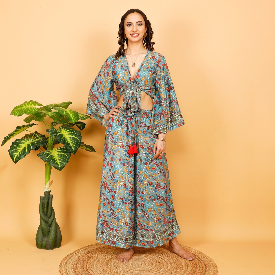 Bohemian Blue Wrap Top || Flowy Top With Long Flared Sleeves || Floral ...