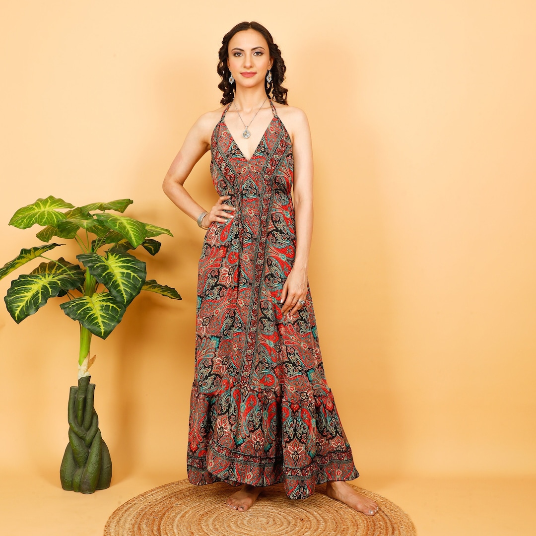 Handmade Bohemian Halter Dress | Black Paisley Print, Open Back - Etsy