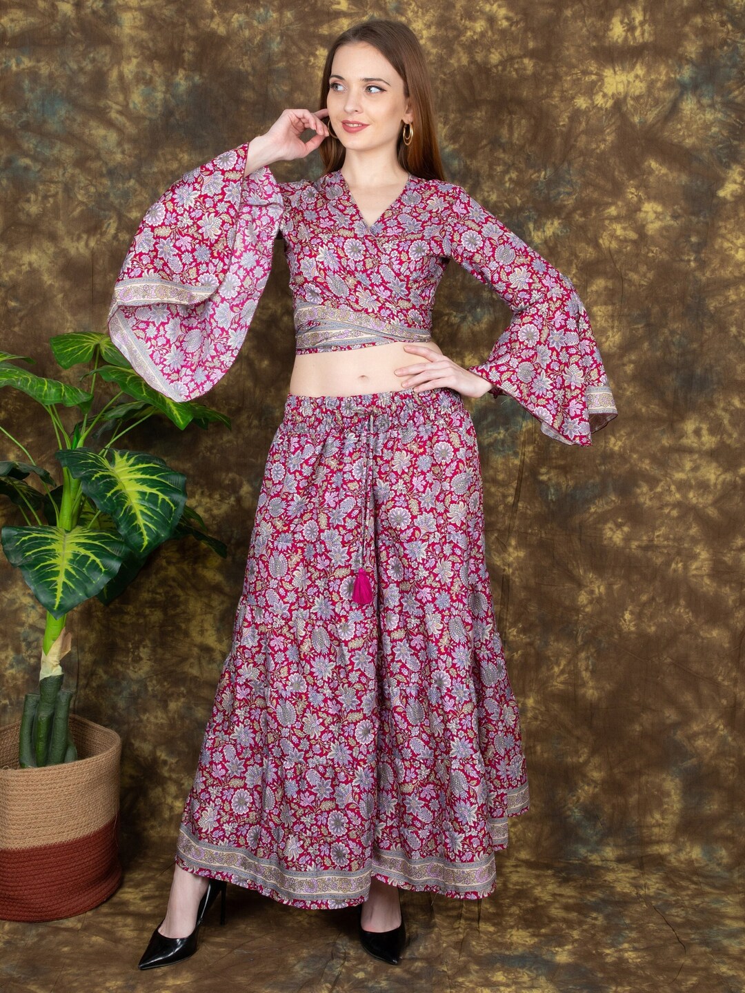 Boho Magenta Floral Wrap Top | Butterfly Sleeve Crop Top - Etsy