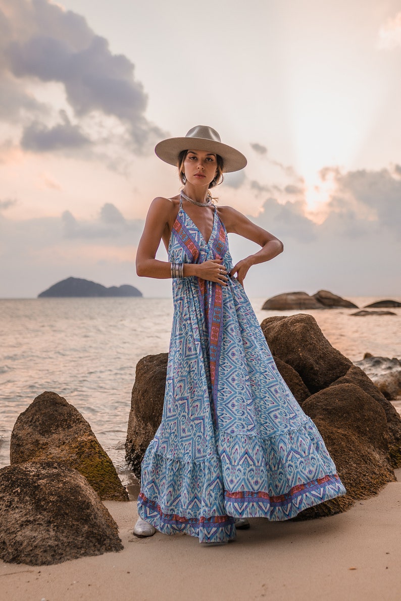 Boho Halter Dress | Ikat Print Open Back Ruffle Dress, Free Size - Etsy