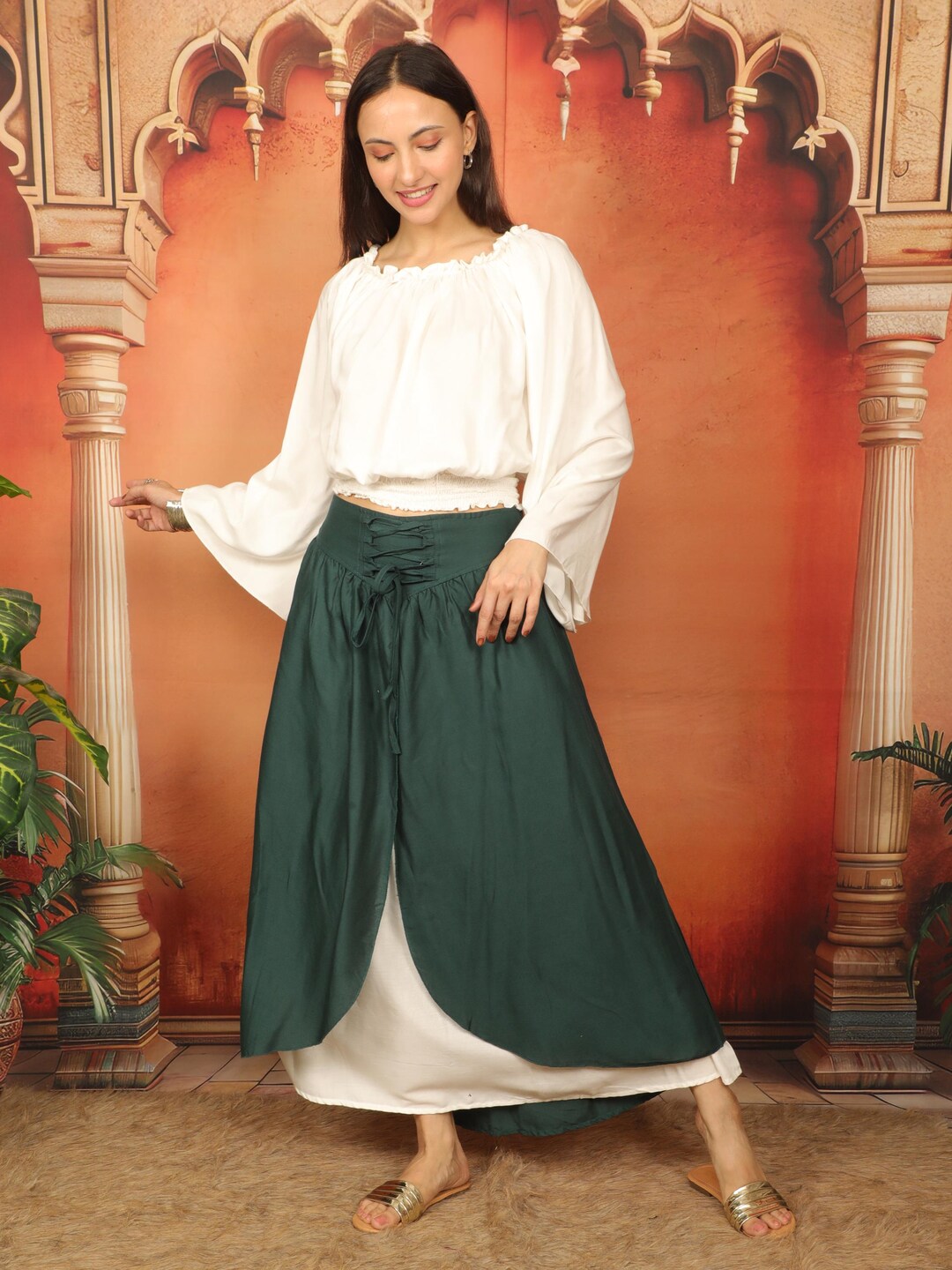 Medieval Inspired Two-tone Viscose Skirt: Laced Corset Belt, Boho Green ...