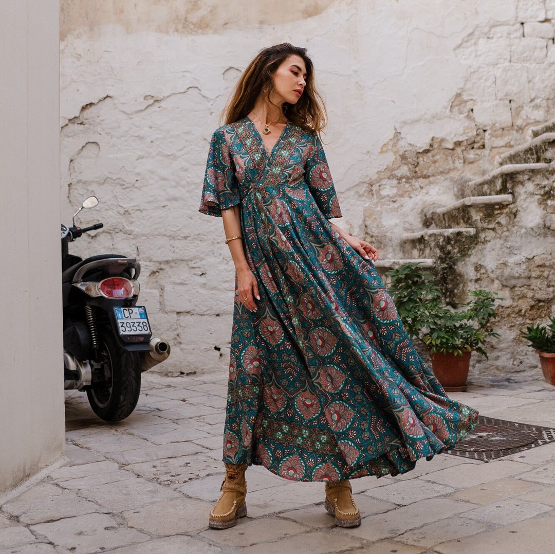 Bohemian Wrap Dress Large Floral Prints Dress Floral Long Wrap Dress ...