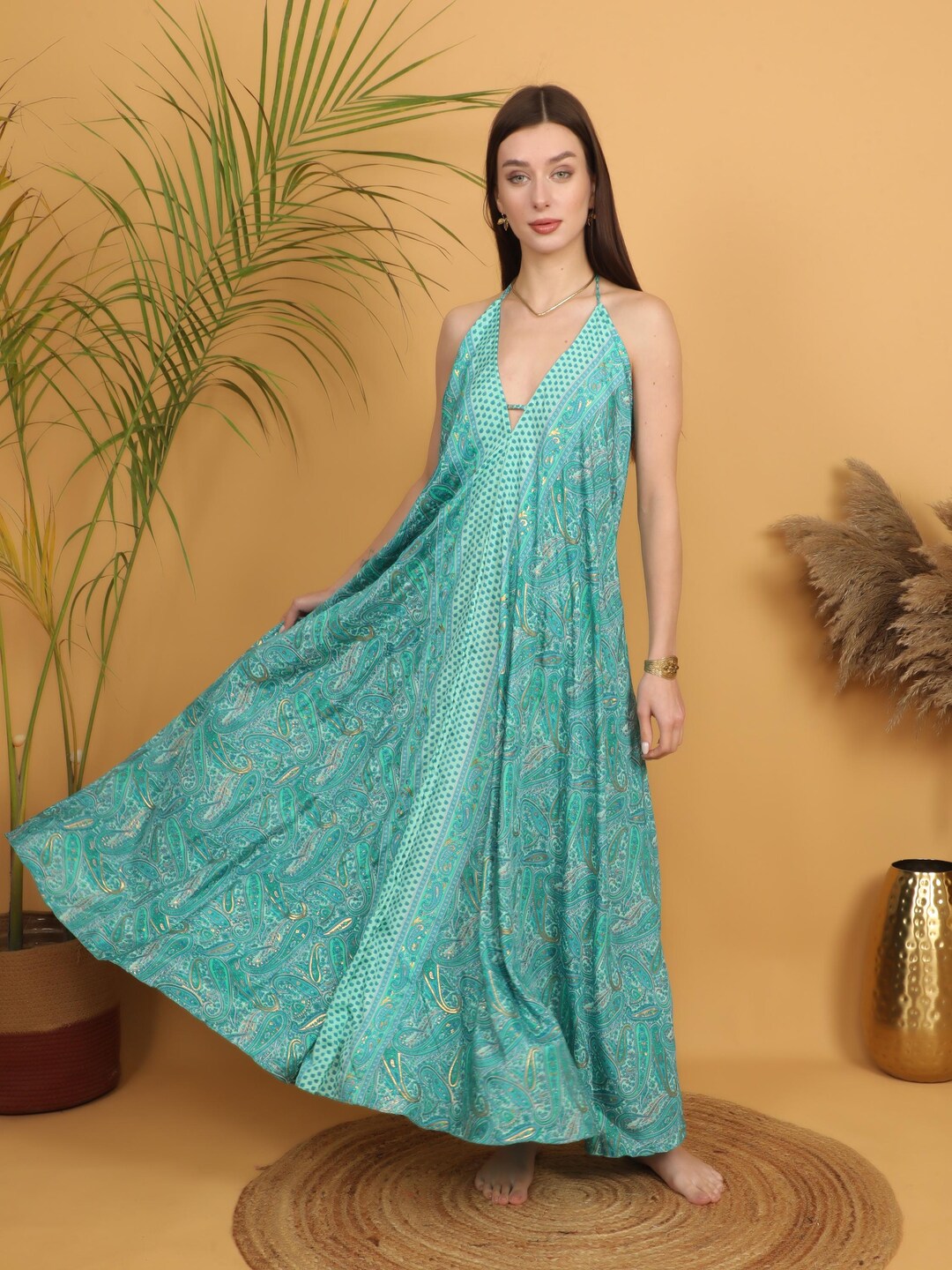Turquoise Paisley Maxi Dress | Flowy Bohemian Halter Style Polyester ...