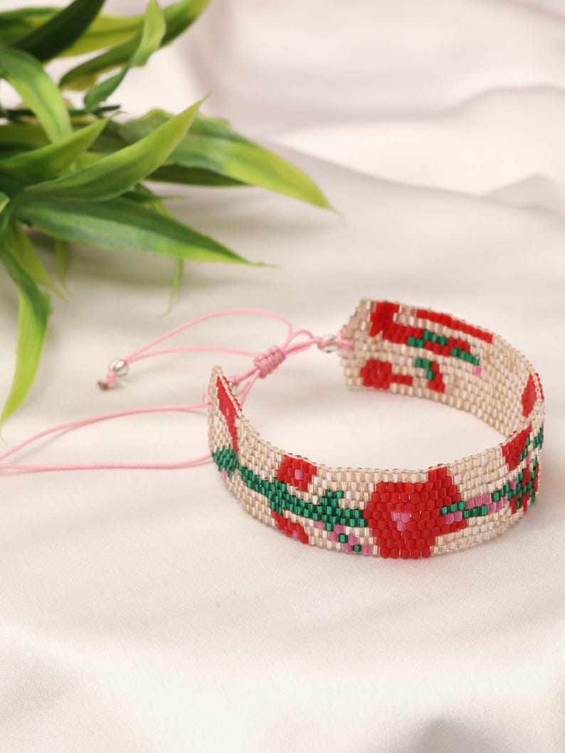 Sakura Flower Woven Seed Bead Bracelet | Adjustable Sliding Knot ...