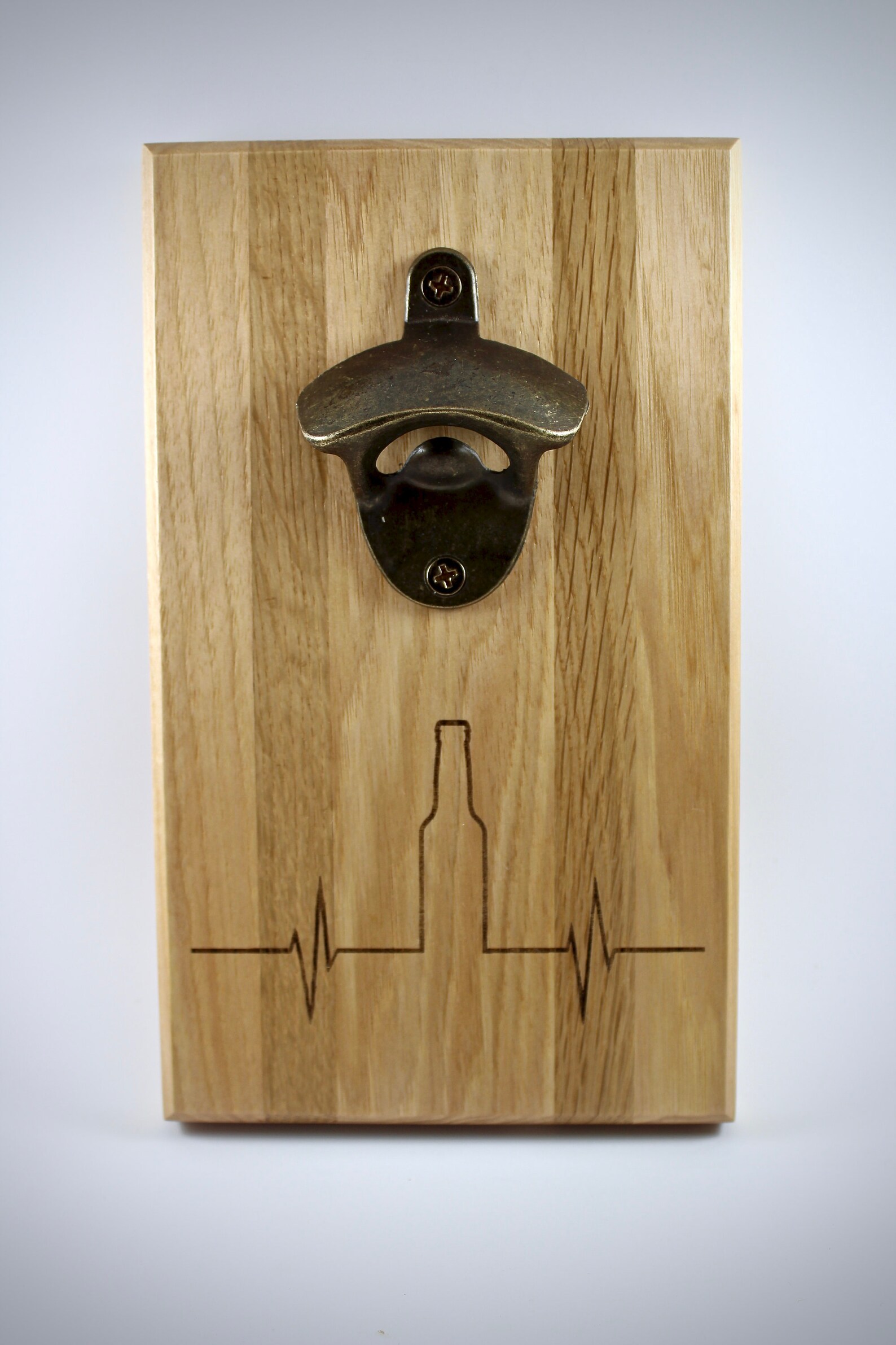 Beer Bottle Heartbeat Wall Mounted Bottle Opener Plaque in Hickory and ...