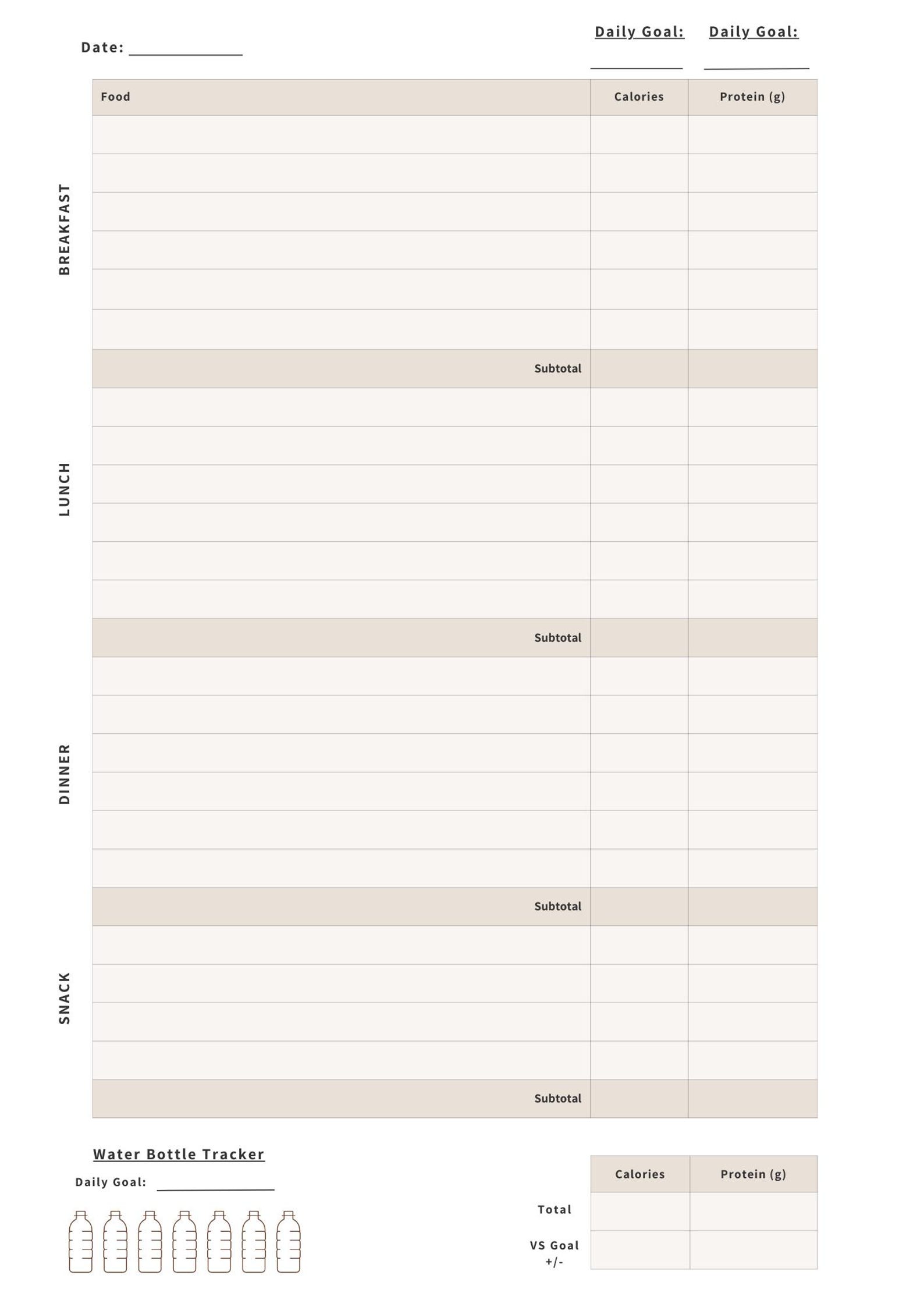 Daily Food Tracker Printable | Calorie & Protein Log | Meal and Water ...
