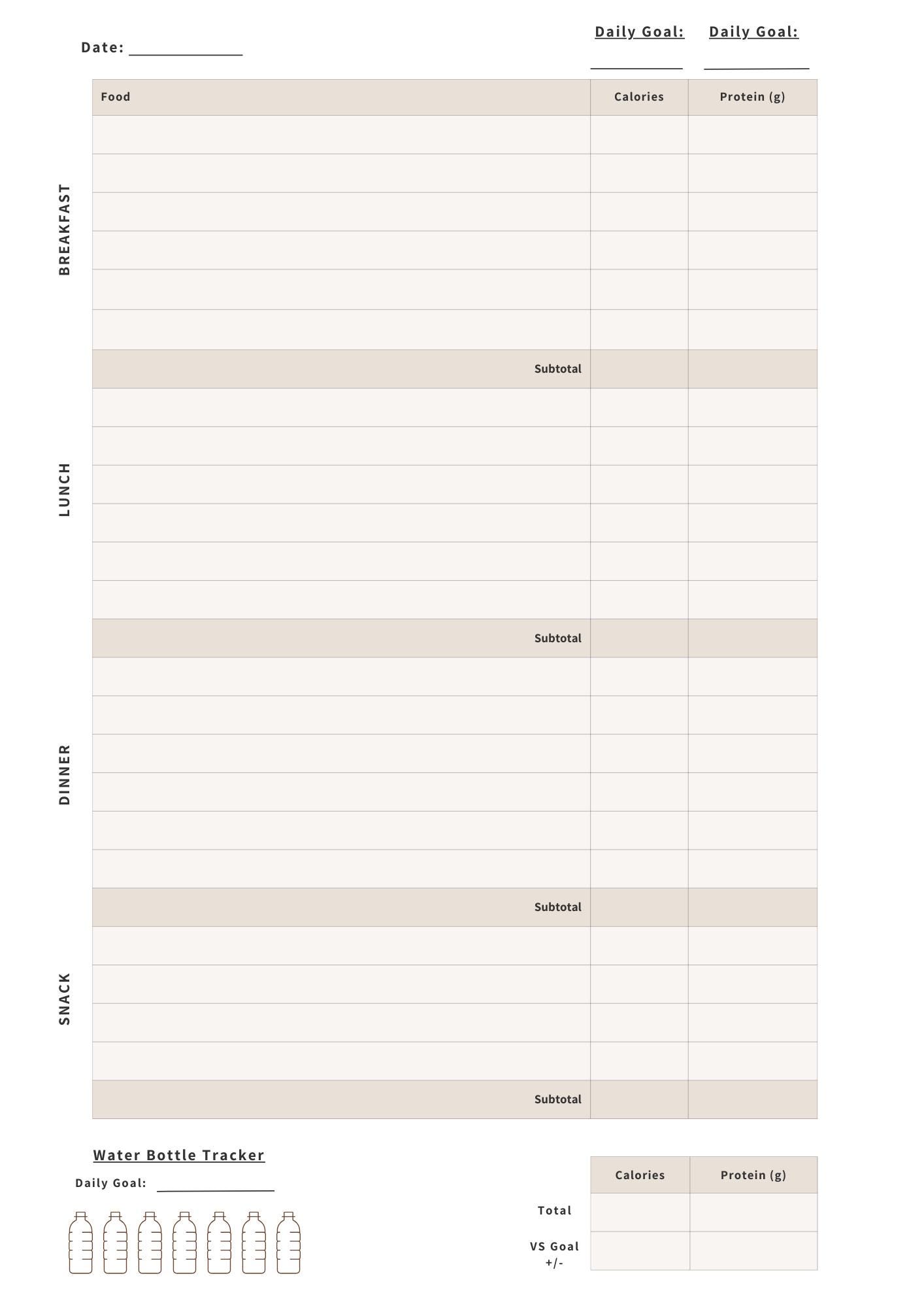 Daily Food Tracker Printable | Calorie & Protein Log | Meal and Water ...