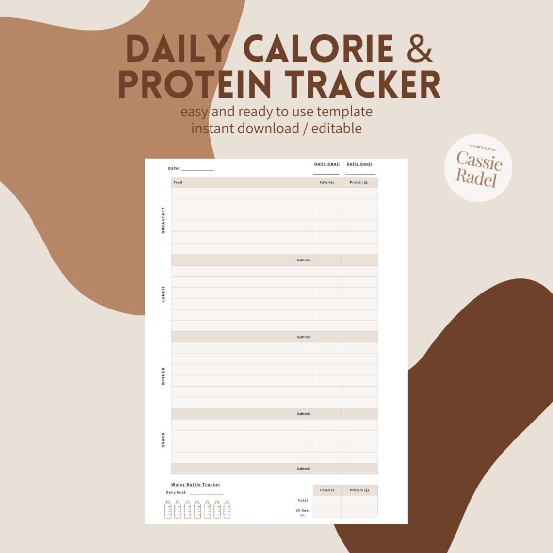 Daily Food Tracker Printable | Calorie & Protein Log | Meal and Water ...