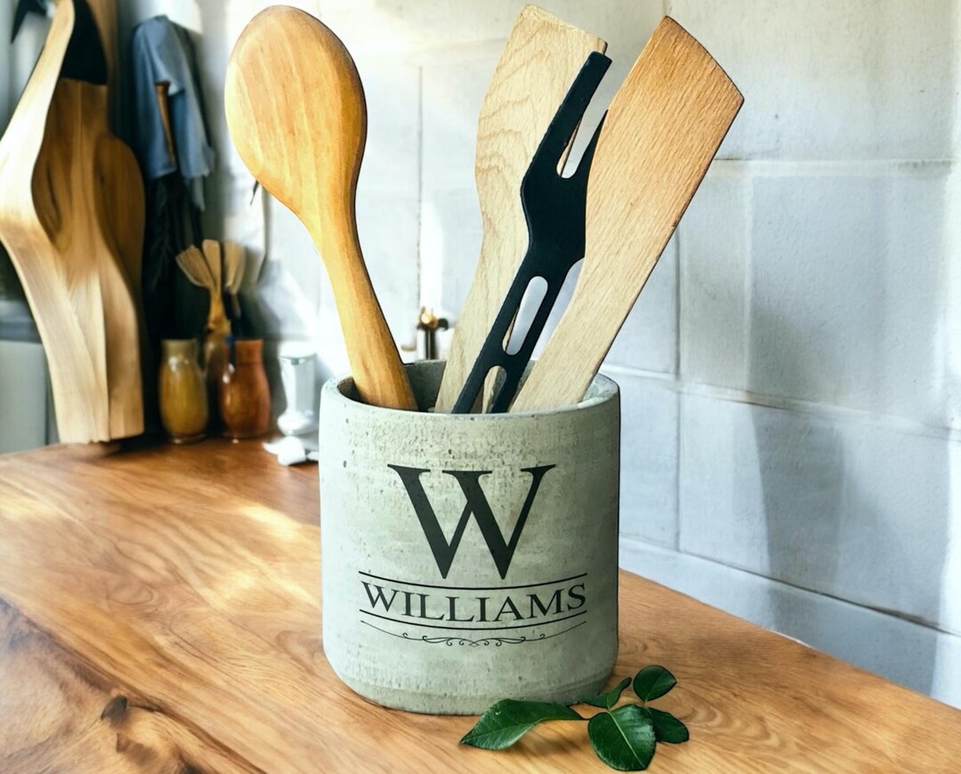 Personalized Concrete Utensil Holder: Handmade Kitchen Crock, Mothers ...