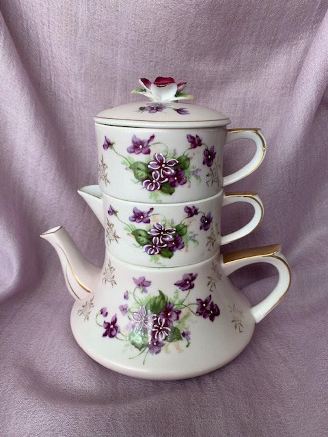 Lefton Stackable Teapot, Rare 1940s Violets Teapot Set, Hand Painted ...