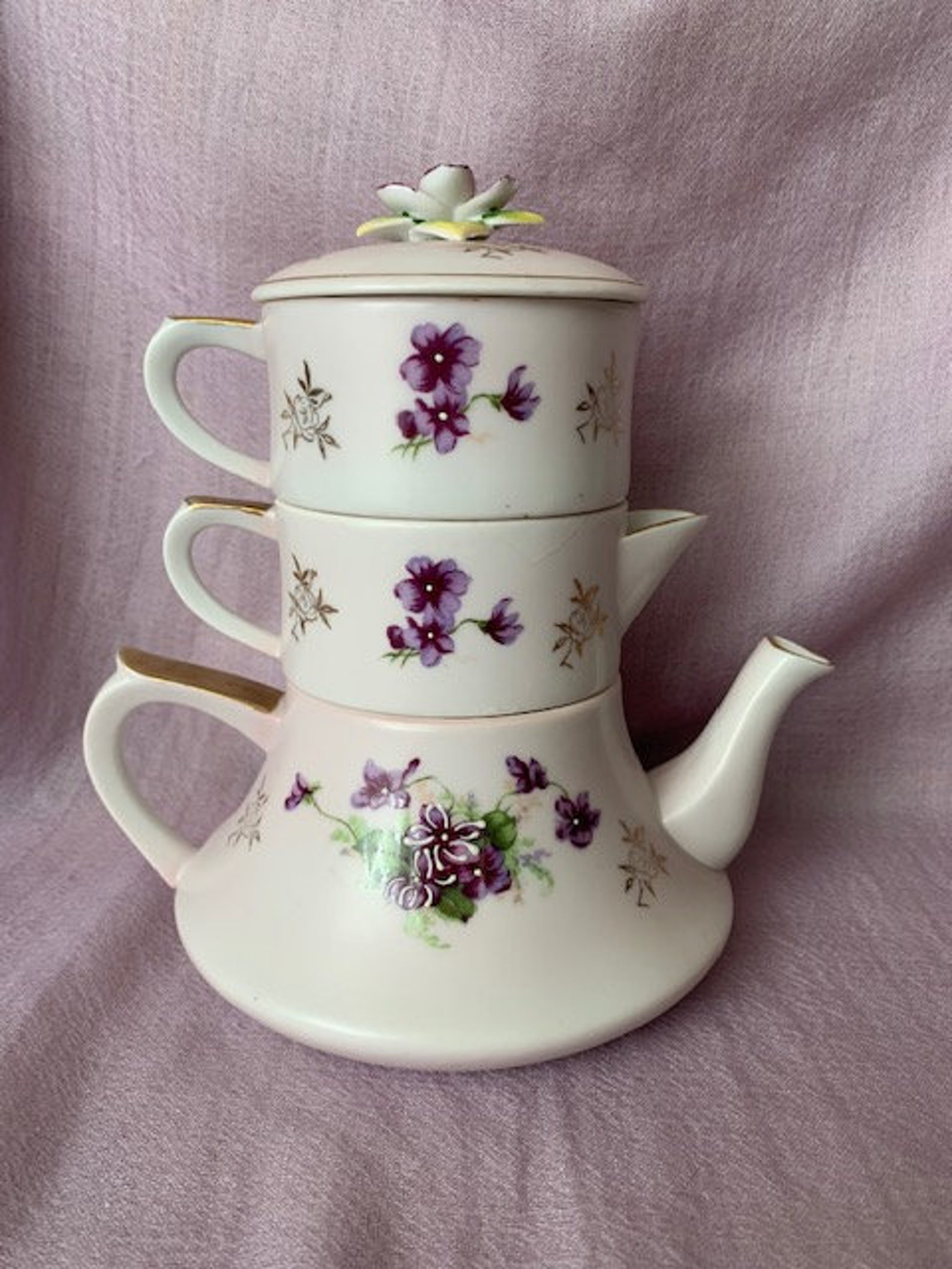 Lefton Stackable Teapot, Rare 1940s Violets Teapot Set, Hand Painted ...