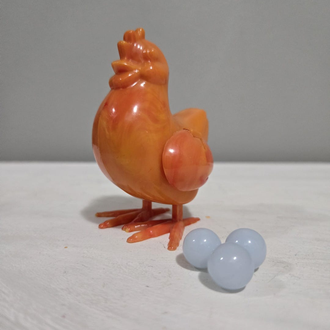 Vintage Celuloid Plastic Chicken Toy Orange Yellow Red Marble Egg ...