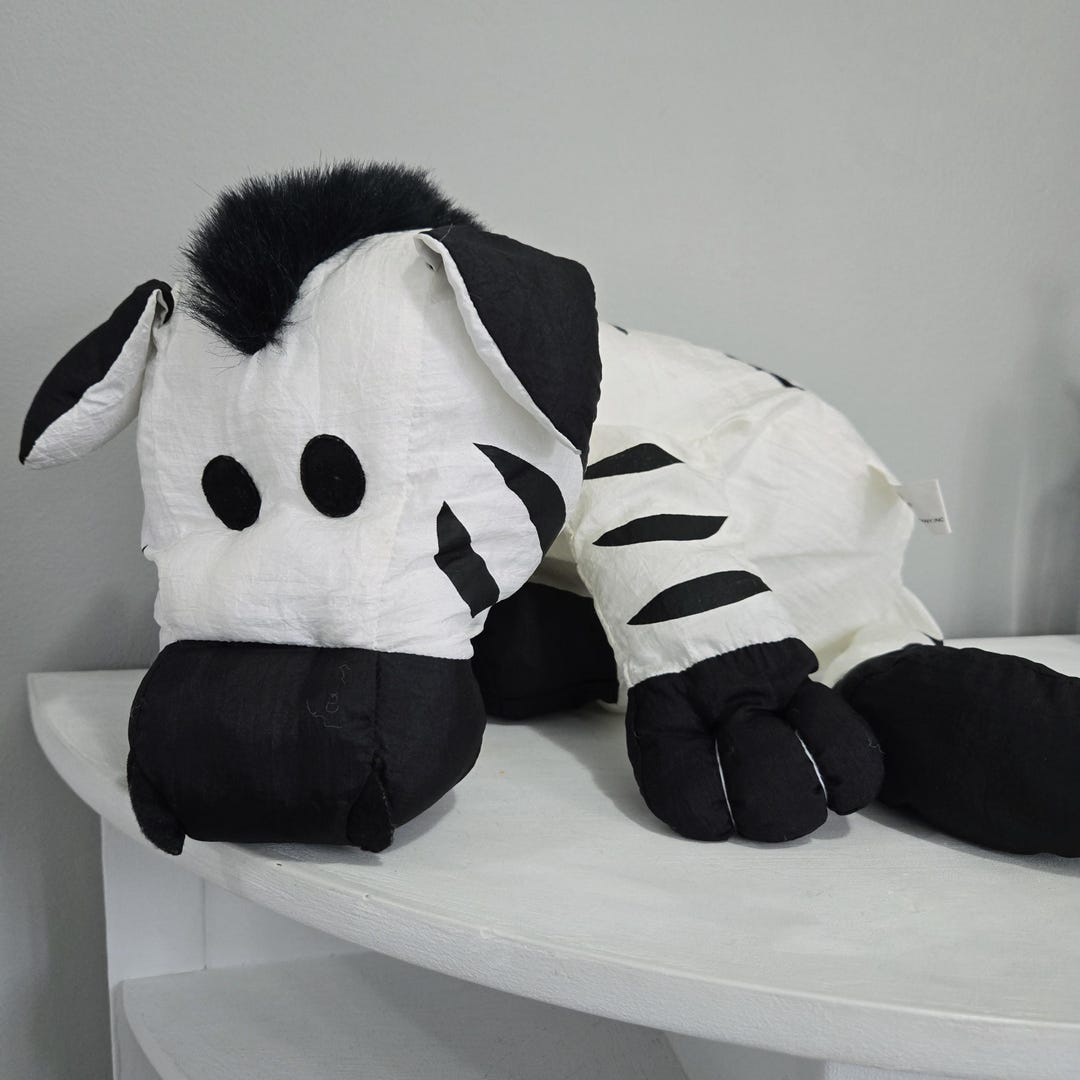 Vintage Big Soft Puffy Puffalump Style Black White Zebra Laying Down 24 ...