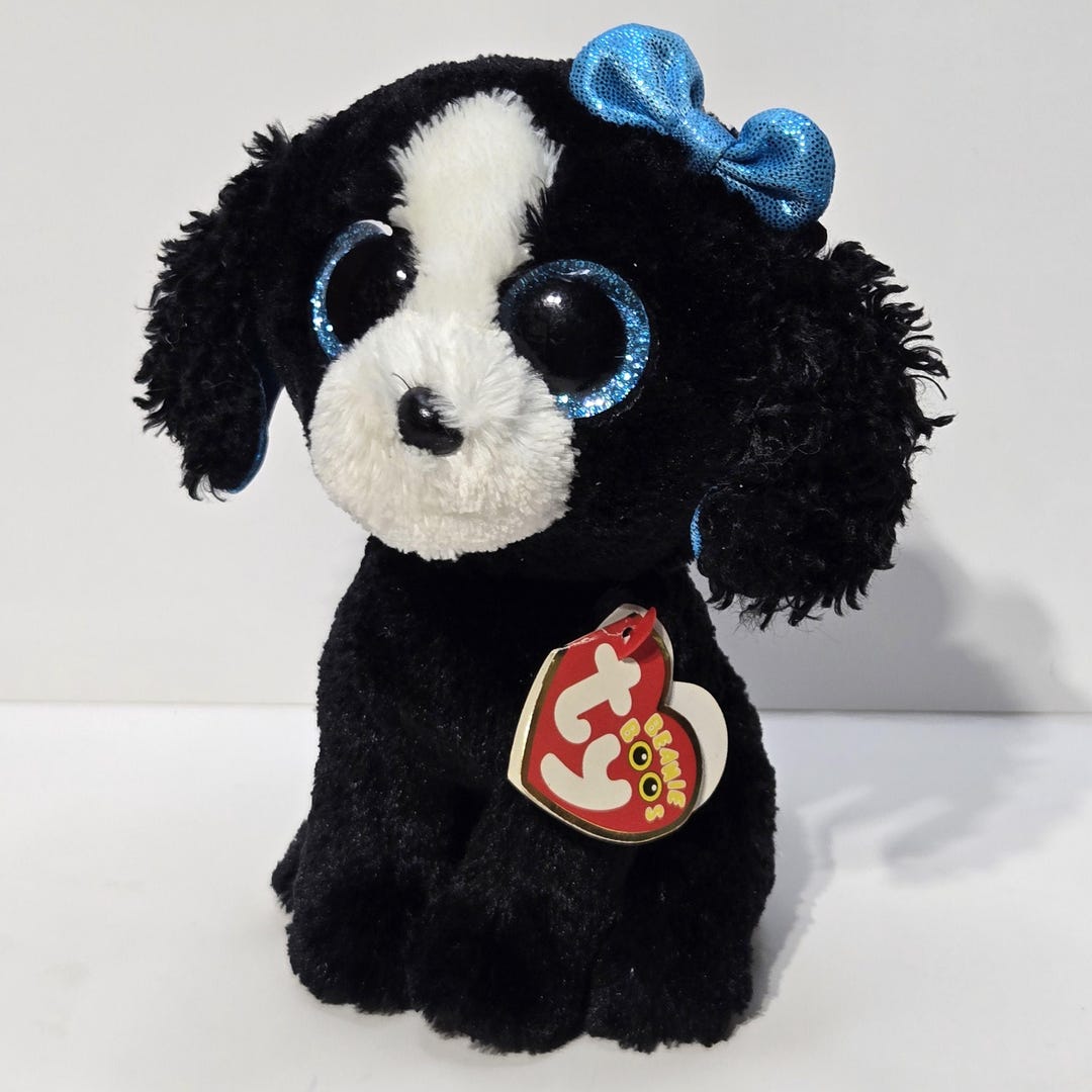 Ty Beanie Boos Tracey the Black Dog Plush Stuffy 6 Blue Bow Glitter ...
