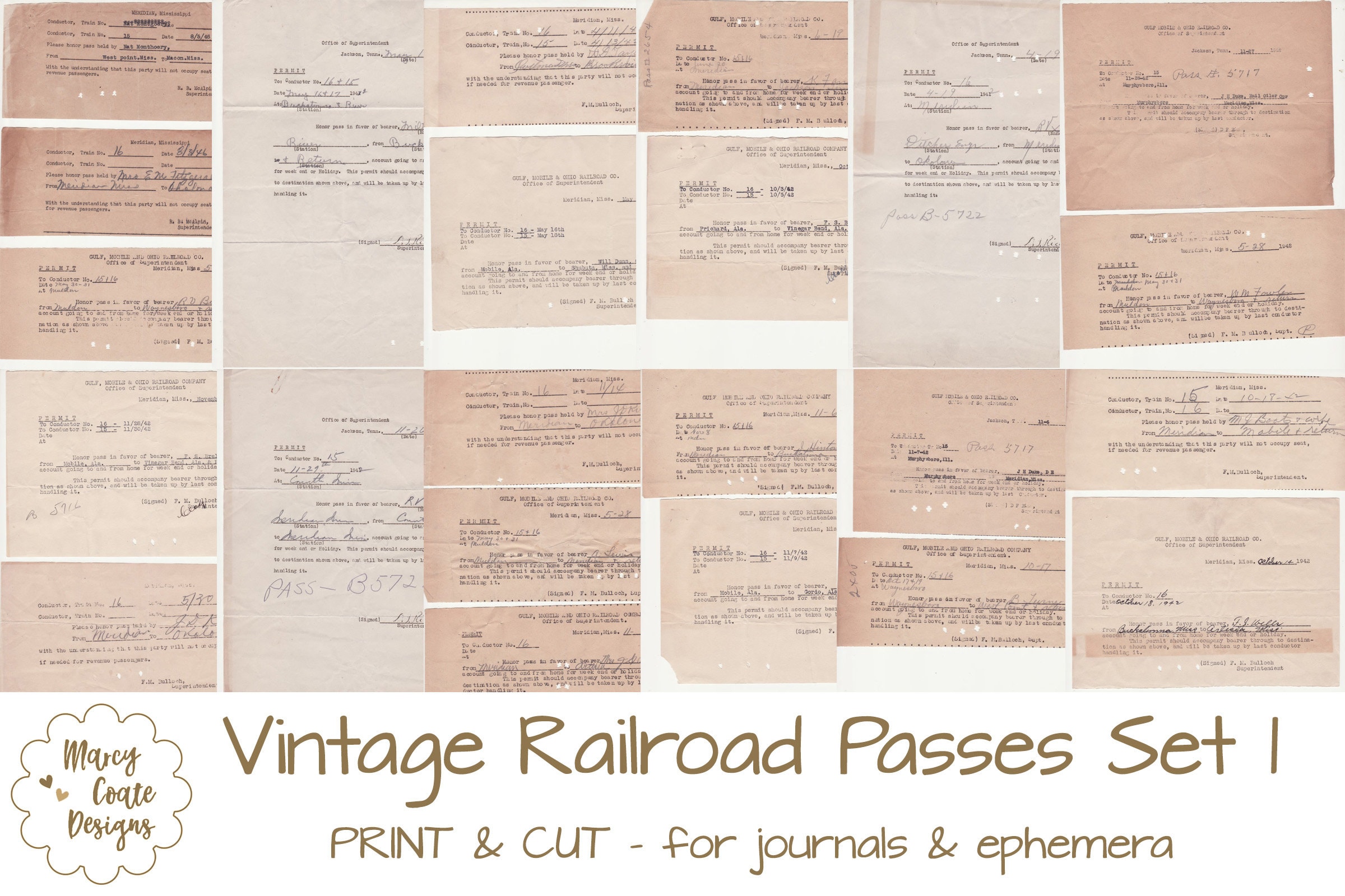 SET 1: Printable Vintage Railroad Passes, Commercial Use OK for PRINTED ...