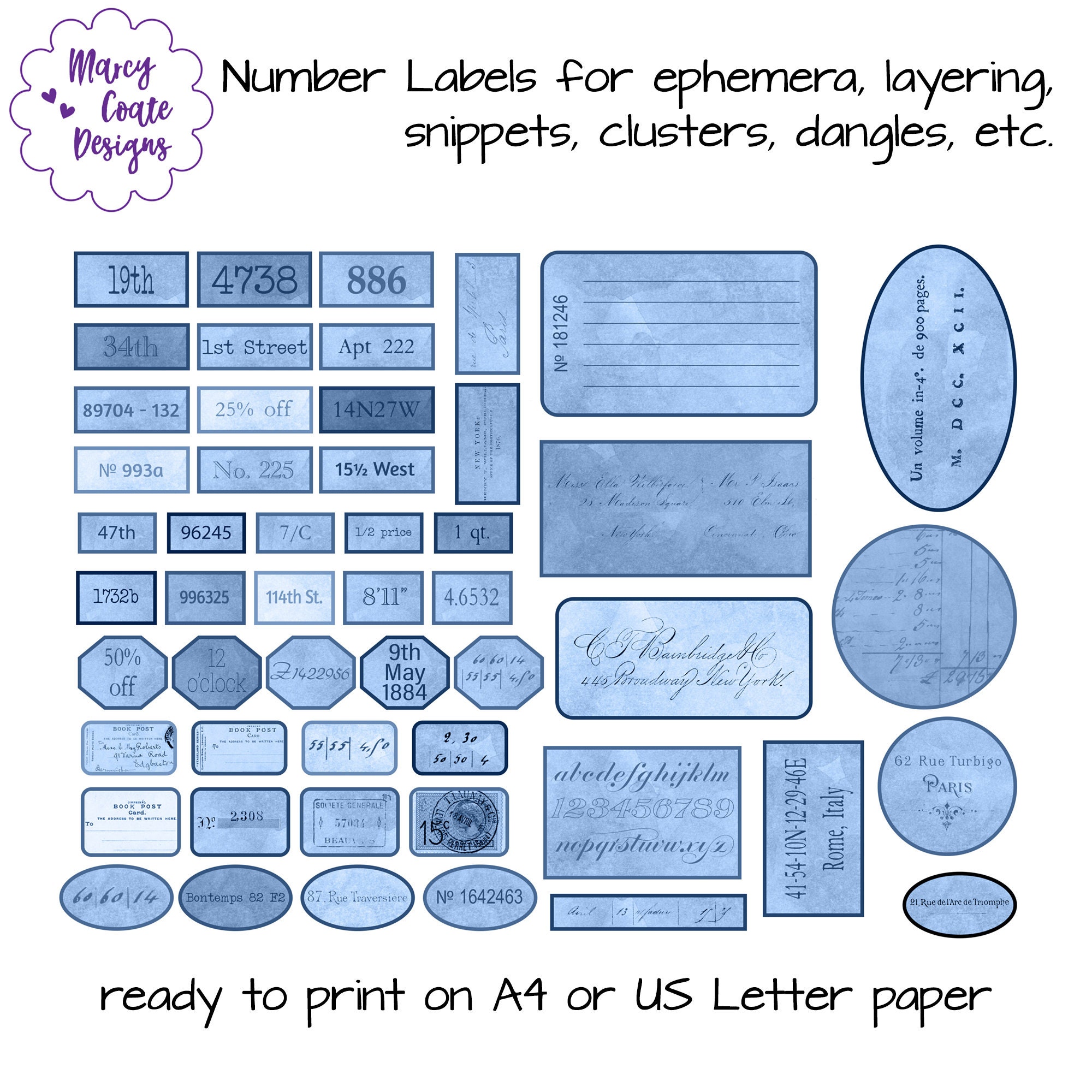 Blue Printable Number Labels With Vintage Backgrounds Junk - Etsy