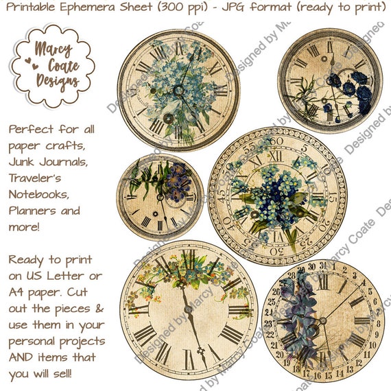 Vintage Floral Clocks blue Flowers Ephemera Collage Sheet - Etsy