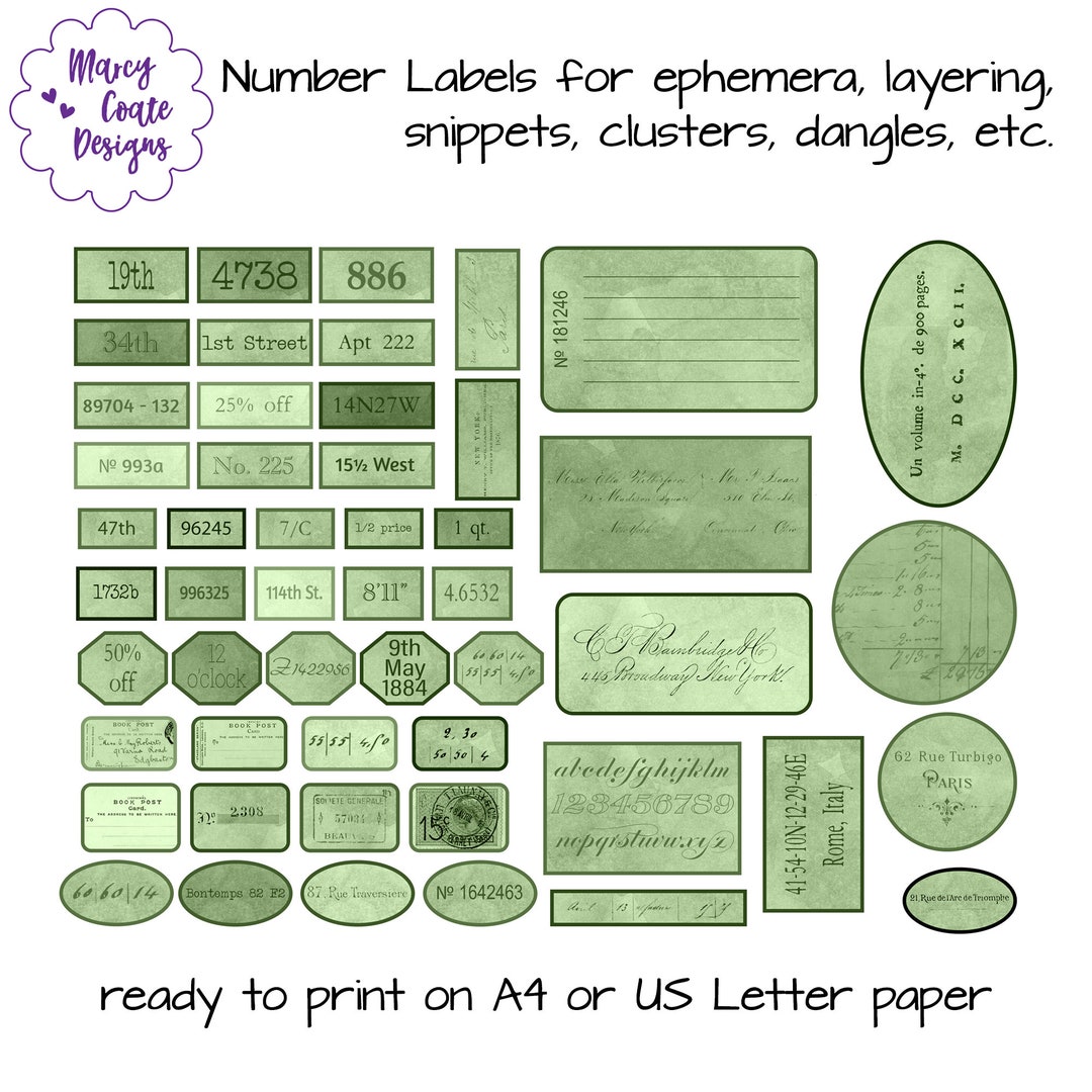 Green Printable Number Labels With Vintage Backgrounds, Junk Journal ...