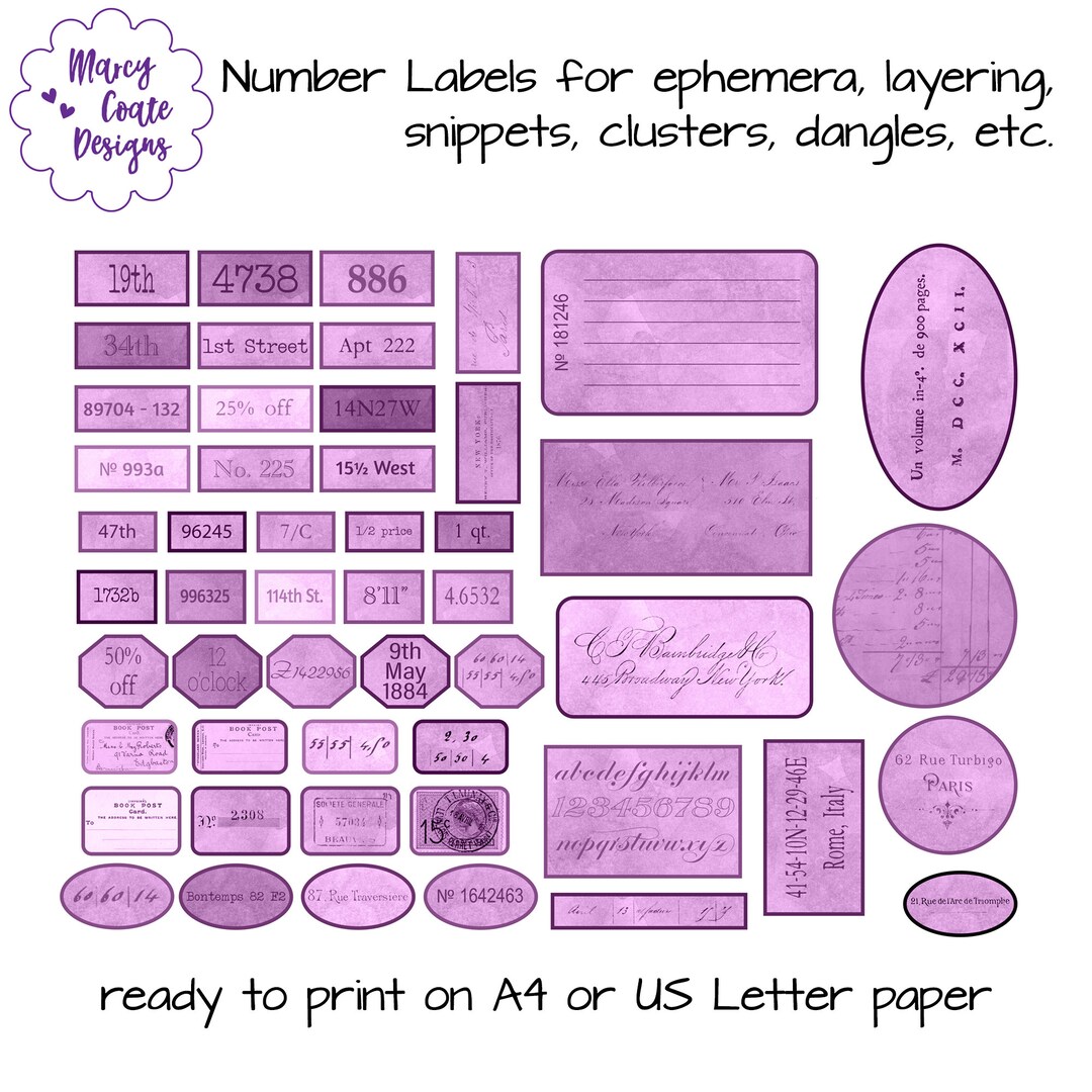 Purple Printable Number Labels With Vintage Background, Junk Journal ...