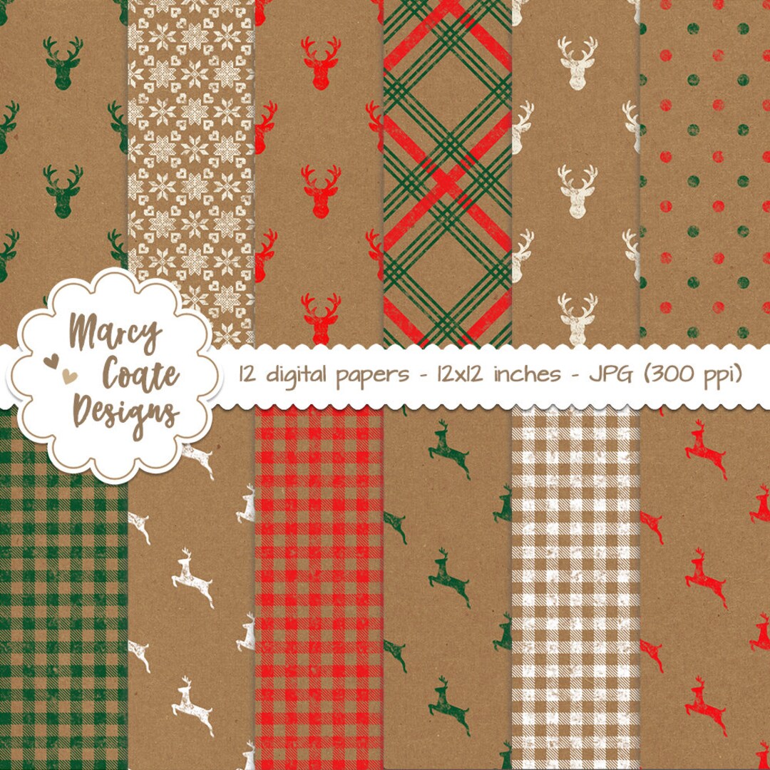 Christmas Kraft Digital Paper Background, Deer, Gingham, Plaid, Green ...