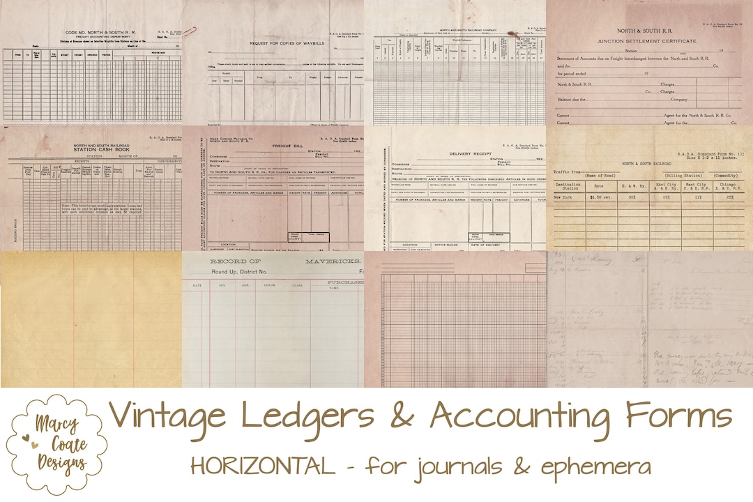 Vintage HORIZONTAL Ledgers & Accounting Forms Set of 12, Commercial Use ...