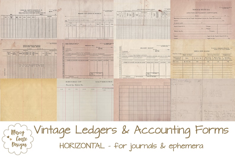 Vintage HORIZONTAL Ledgers & Accounting Forms Set of 12, Commercial Use ...