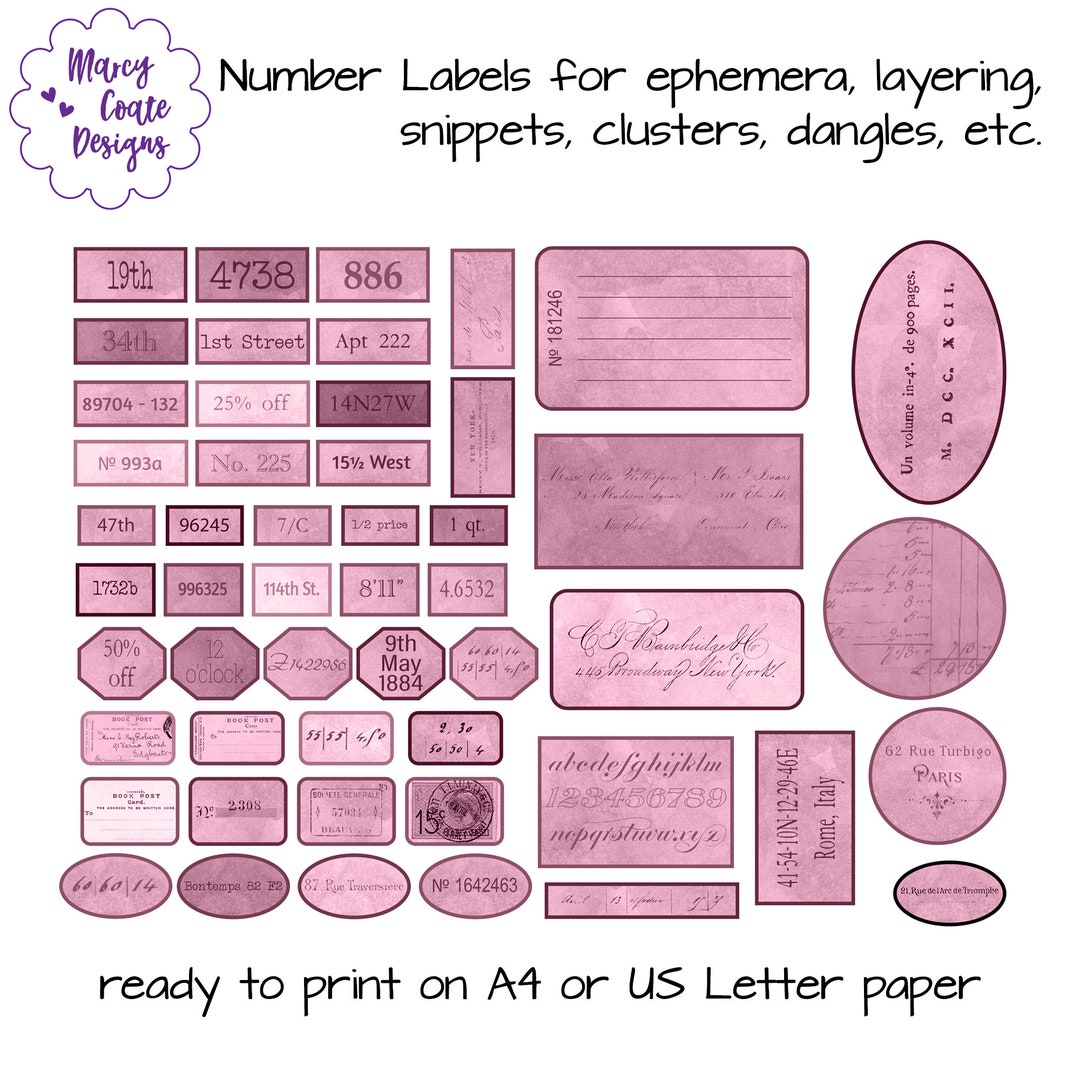 Pink Printable Number Labels With Vintage Backgrounds, Junk Journal ...