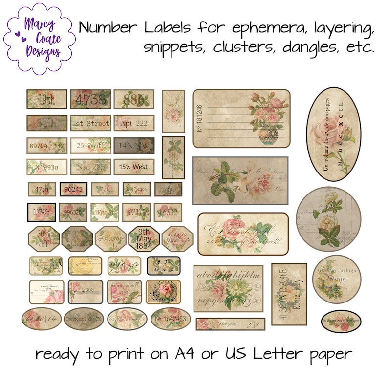 Printable Number Labels With Shabby Floral Motifs Junk - Etsy