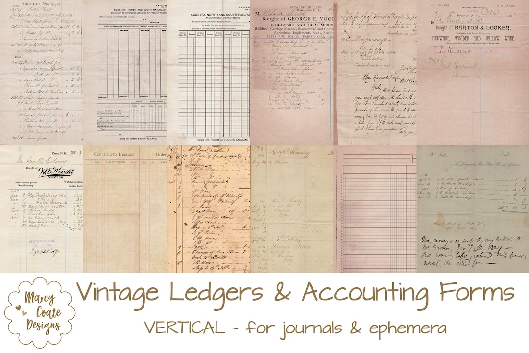 Vintage Ledgers & Accounting Forms Set of 12, Commercial Use OK for ...