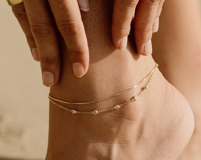 Cleo 14K Gold Moonstone Anklet, Fine Dainty Double Chained Anklet, June ...