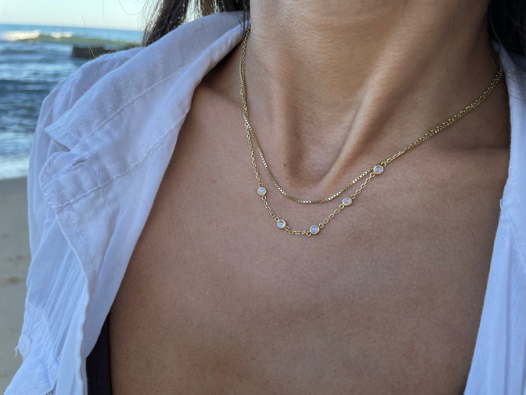 Cleo 14K Gold Rainbow Moonstone Necklace, Gold Plated Jewelry, Multi ...