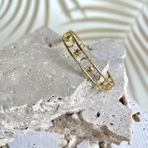 Cosmic Lover 14K Gold Bangle, Womens Gold Bangle With Moon and Suns ...